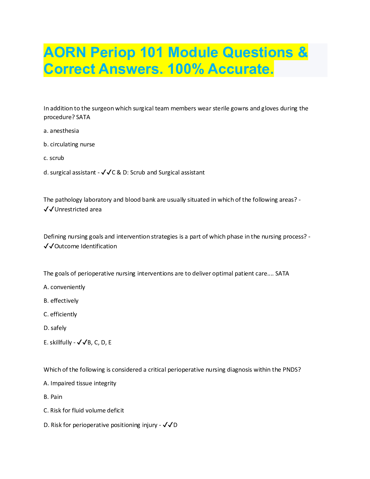 AORN Periop 101 Module-Questions & Correct Answers. 100% Accurate. - Scholarfriends